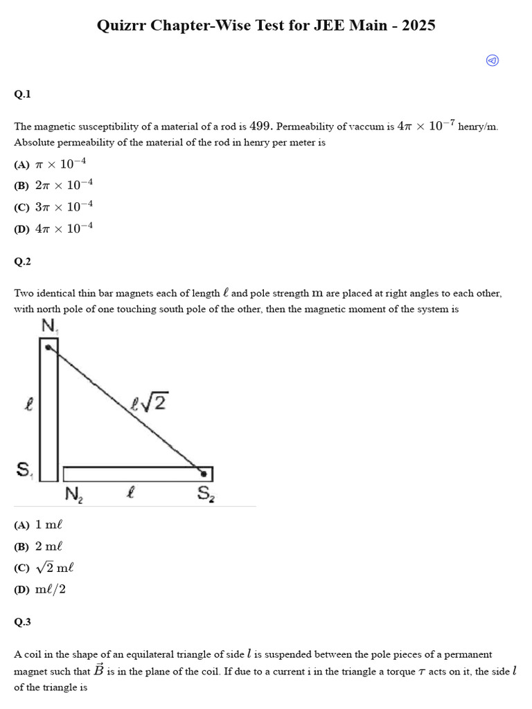 JEE Main 2025 Chapter-Wise Quiz on Magnetism | PDF | Magnet | Magnetic ...