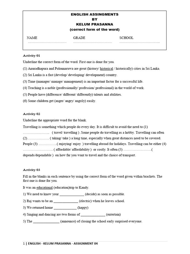 G10 - A4 - Correct Form of The Word | PDF