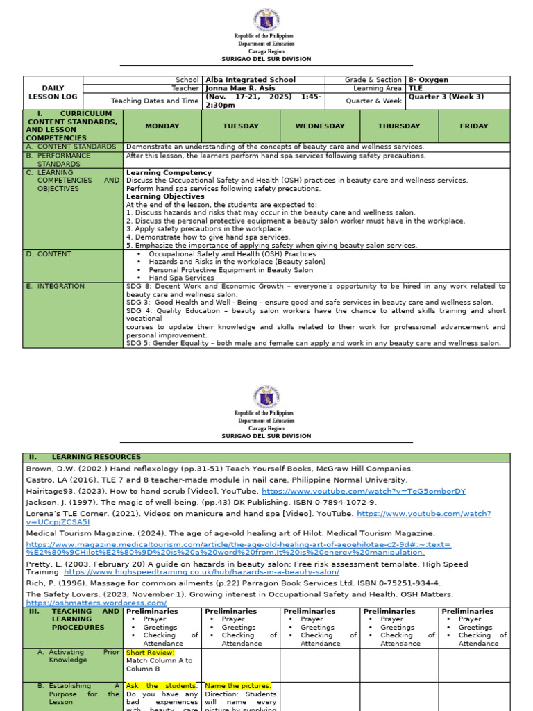 TLE Lesson Plan: Hand Spa Safety Practices | PDF | Occupational Safety ...
