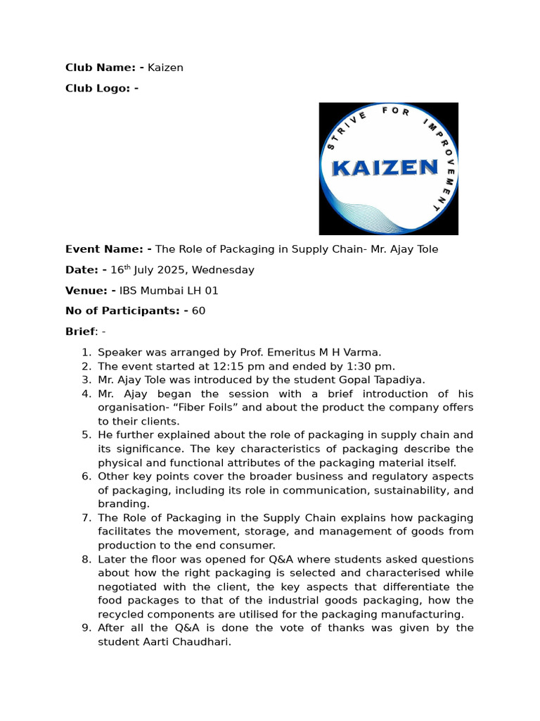 Kaizen Guest Lecture - Packaging in Supply Chain - 16.07.2025 | PDF