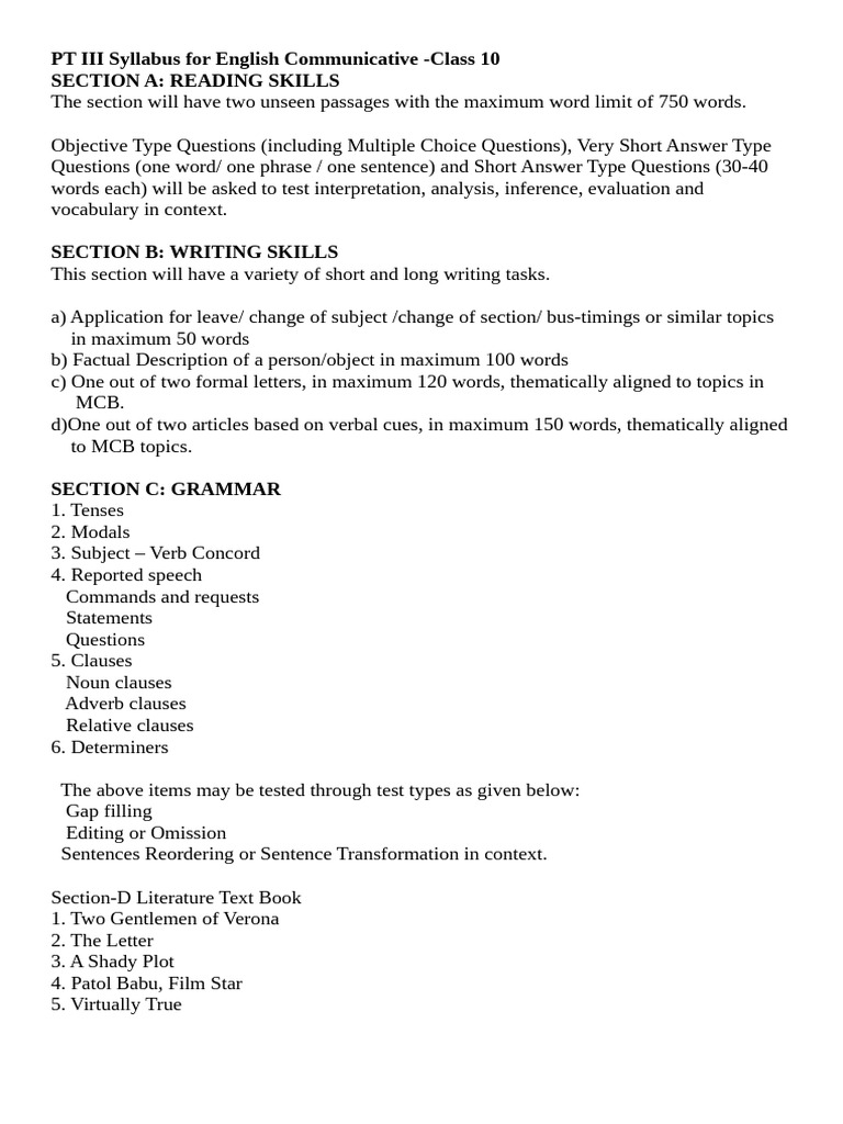 Class 10 English Communicative Syllabus | PDF