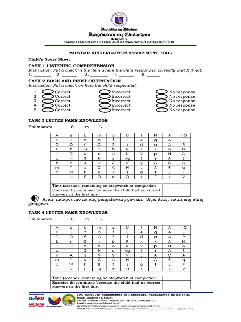 Learner's Score Sheet Midyear Kindergarten Assessment Tools | PDF