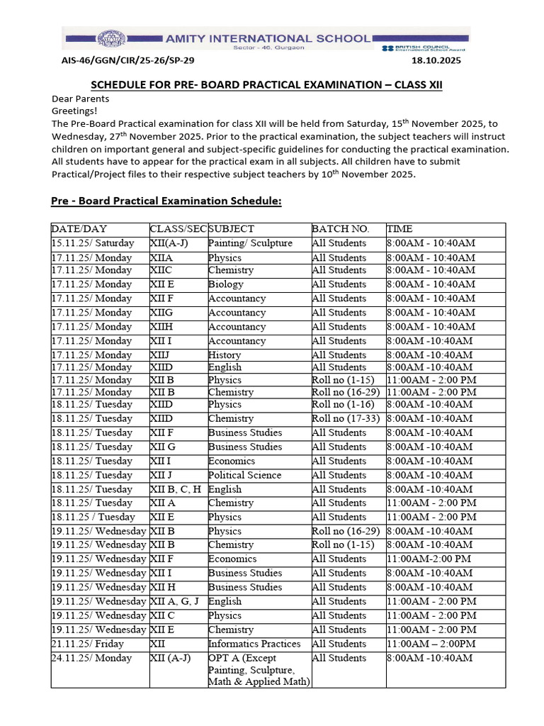 29 - XII - Pre Board Practical Schedule | PDF