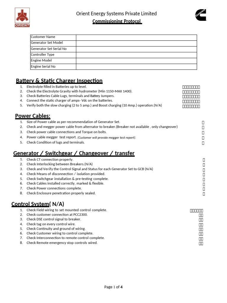 Commisioning Protocol CR | PDF | Electric Generator | Battery Charger