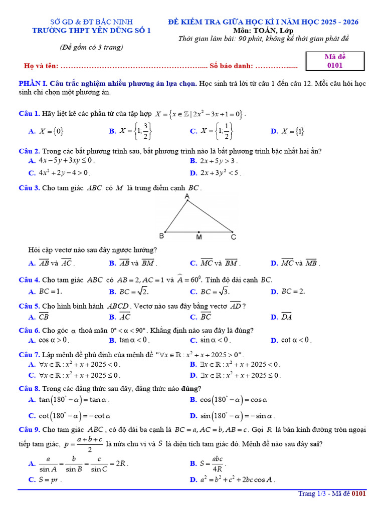 De Giua Hoc Ki 1 Toan 10 Nam 2025 2026 Truong Thpt Yen Dung 1 Bac Ninh | PDF