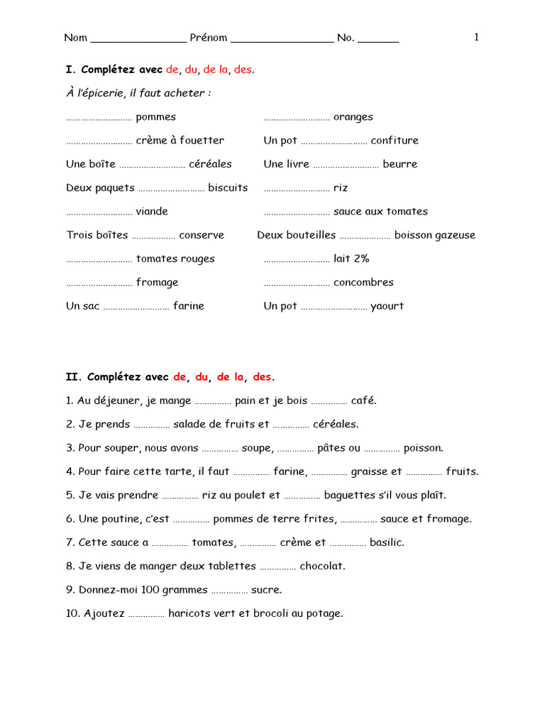 Exercices de français : articles partitifs | PDF
