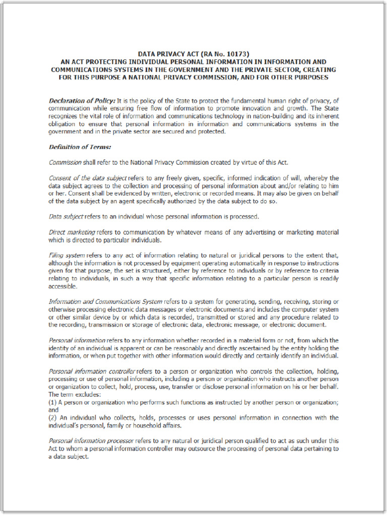 Data Privacy Act RA 10173 Philippines | PDF