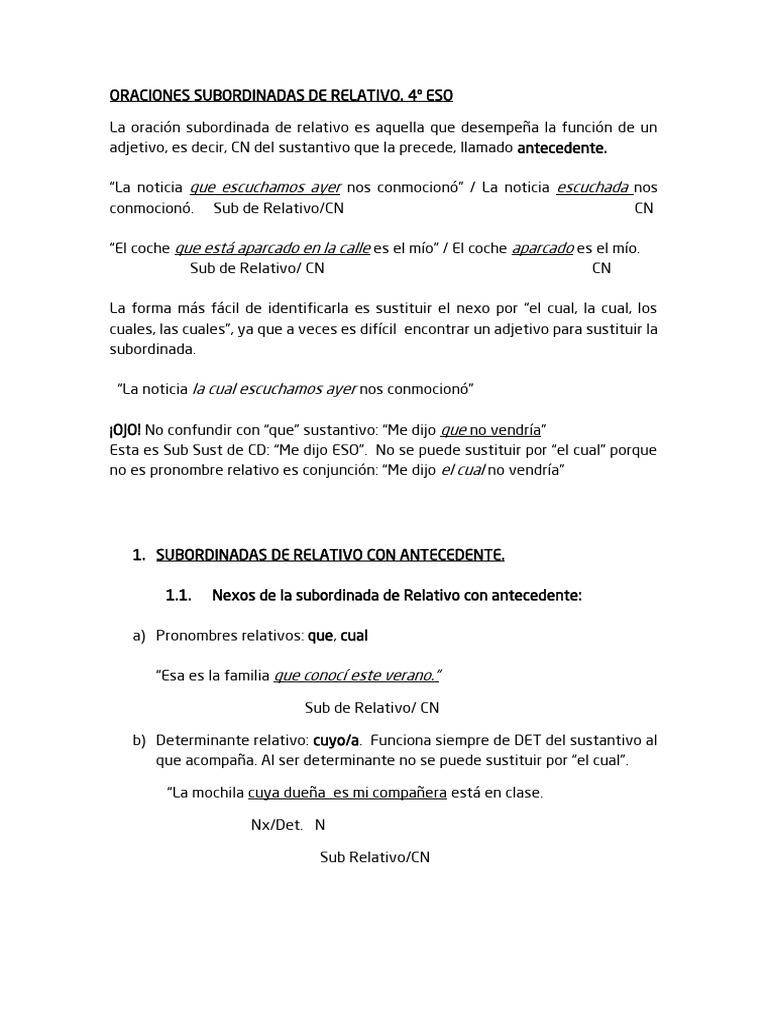 Oraciones Subordinadas de Relativo 4º Eso | PDF | Lingüística | Gramática