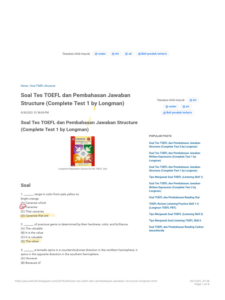 Soal Tes TOEFL Dan Pembahasan Jawaban Structure (Complete Test 1 by ...