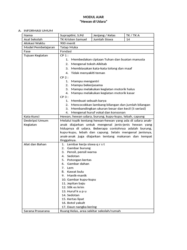 Modul Pembelajaran Hewan Udara TK | PDF