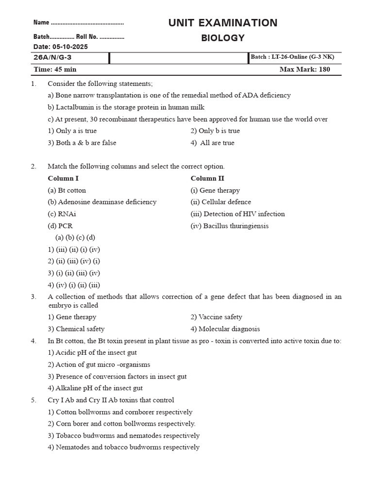 Neet (Biotechnology-II) 05-10-2025 [Lt 26 Sp (Nk)] (1) | PDF ...