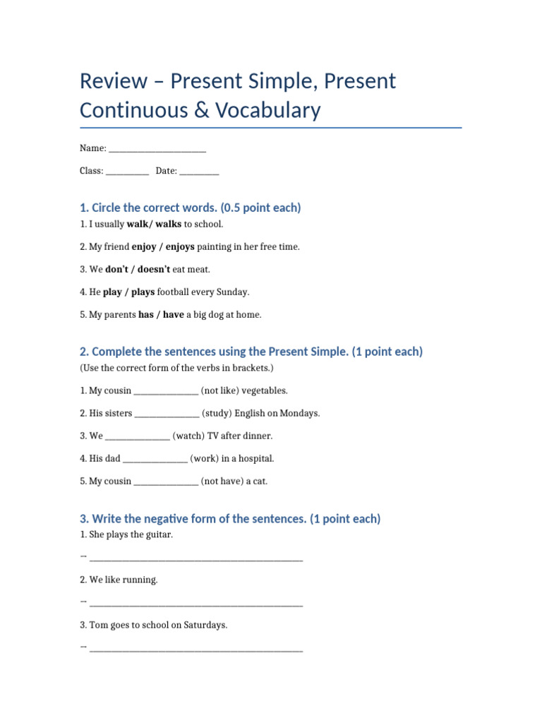 Present Simple & Continuous Review Worksheet | PDF | Linguistics