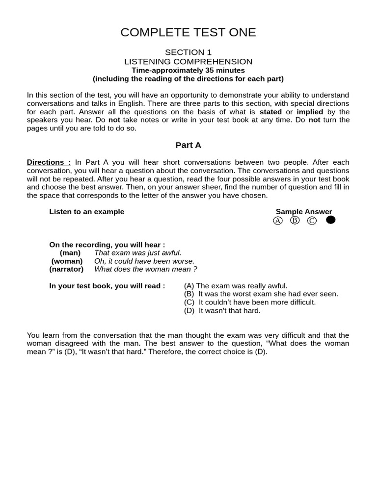Complete Test 1 - Listening Comprehension | PDF | Conversation