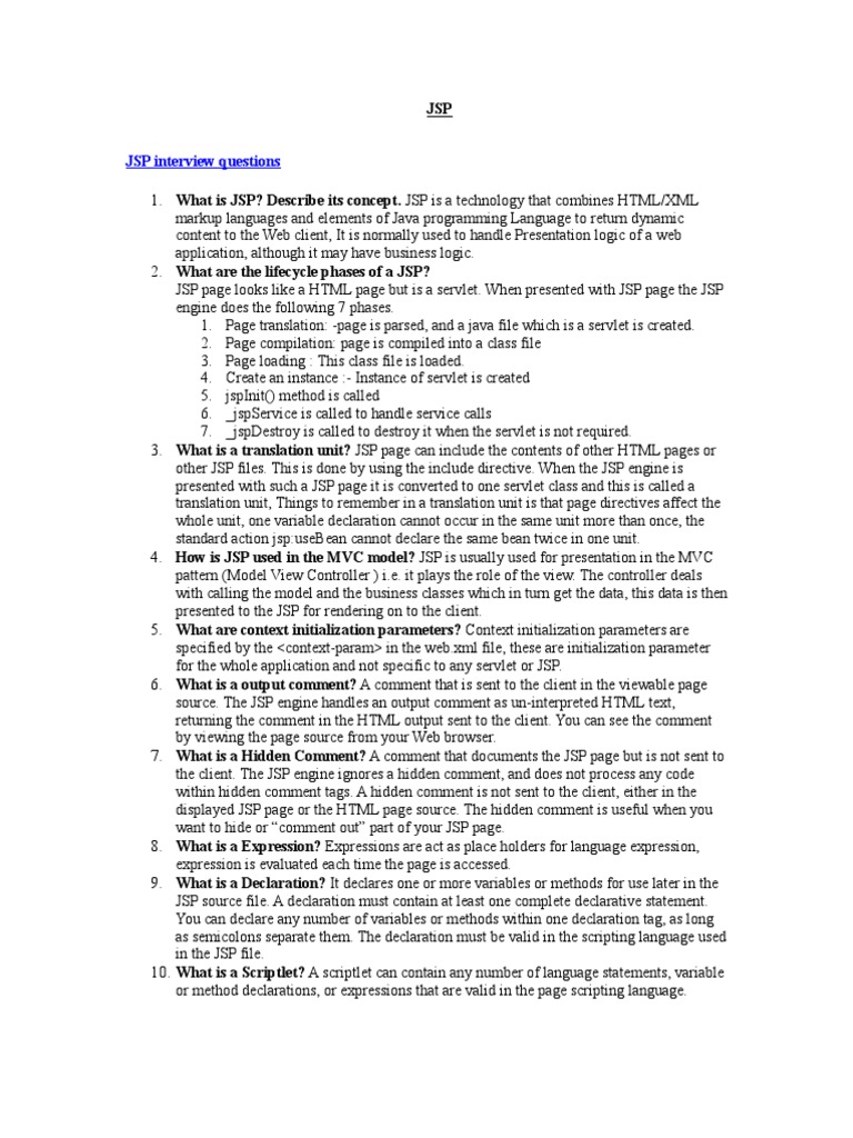 Jsp Interview Questions Pdf Java Server Pages Java Servlet