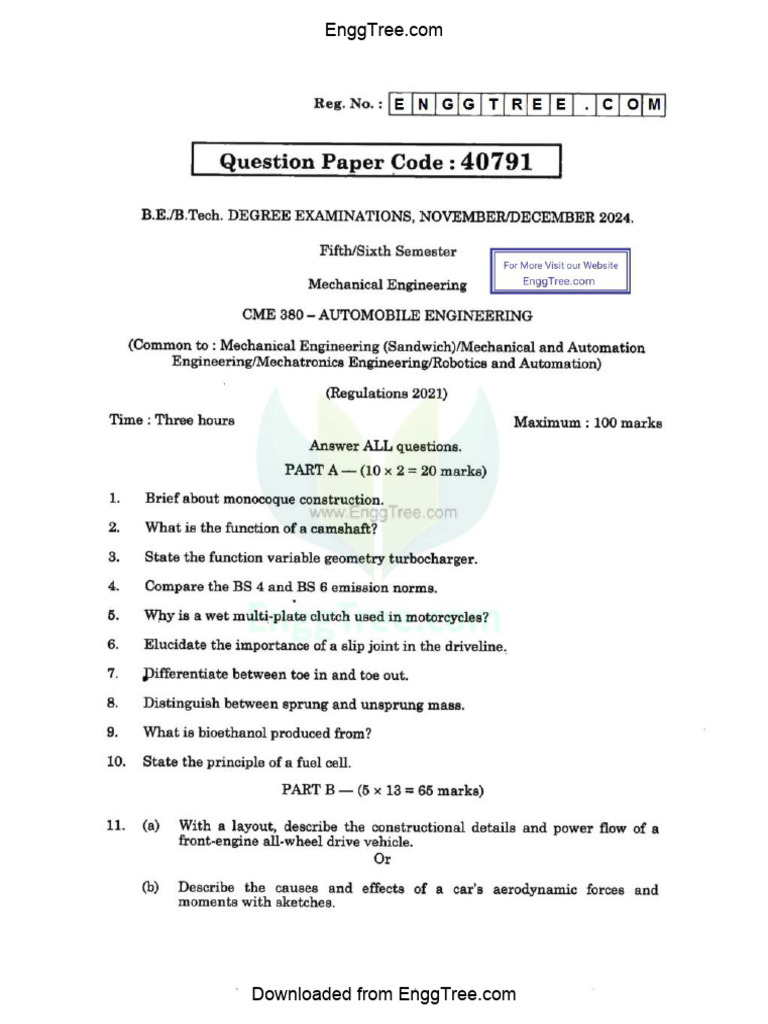 CME380 Automobile Engineering Nov Dec 2024 Question Paper Download | PDF