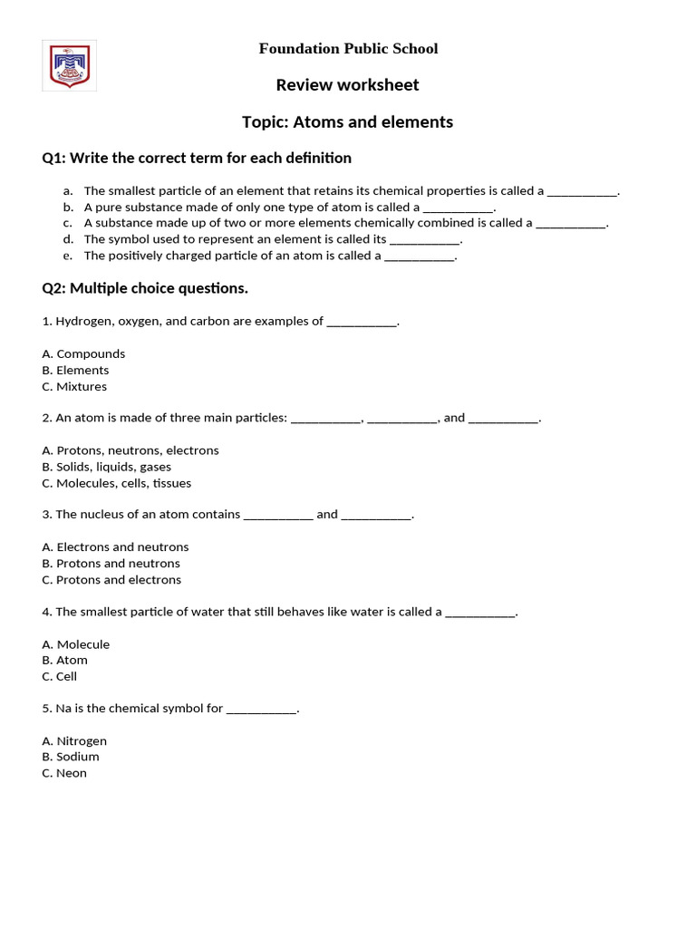 Atoms and Elements Review Worksheet | PDF | Chemical Elements | Atoms