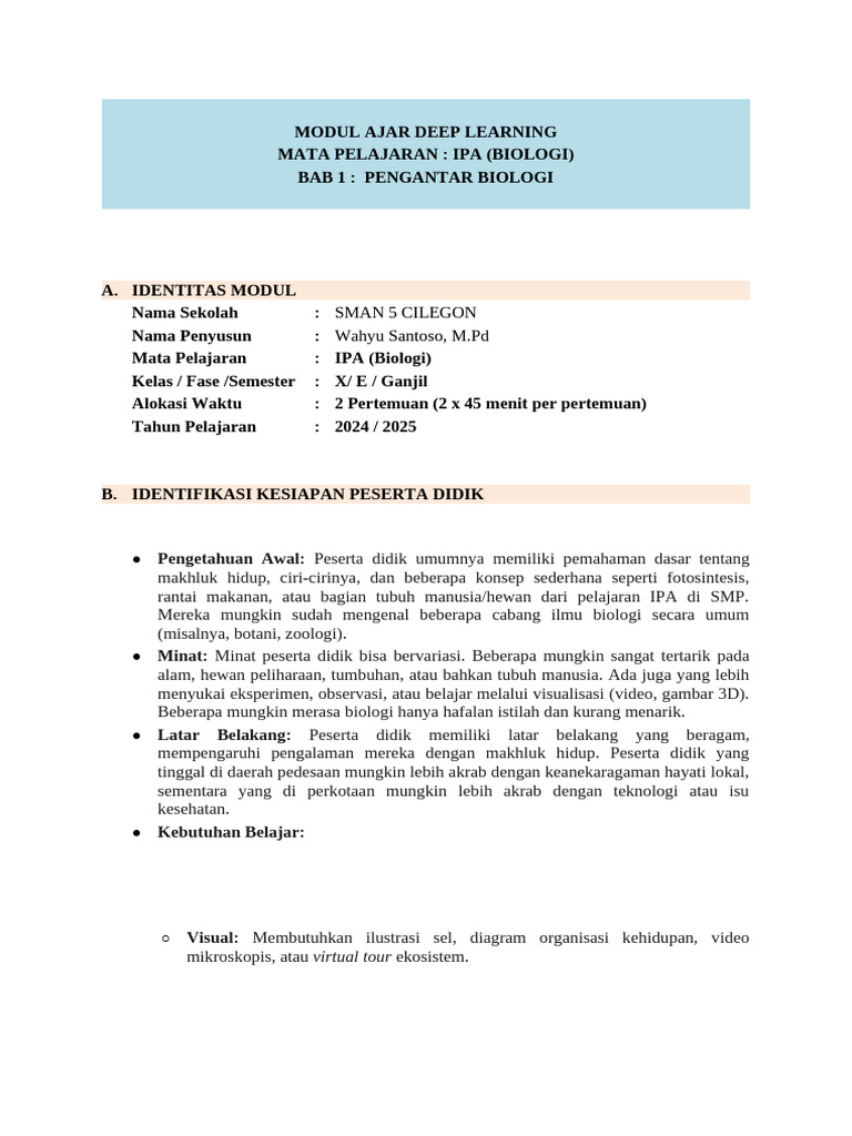 Modul Ajar Biologi Kelas X Ganjil | PDF