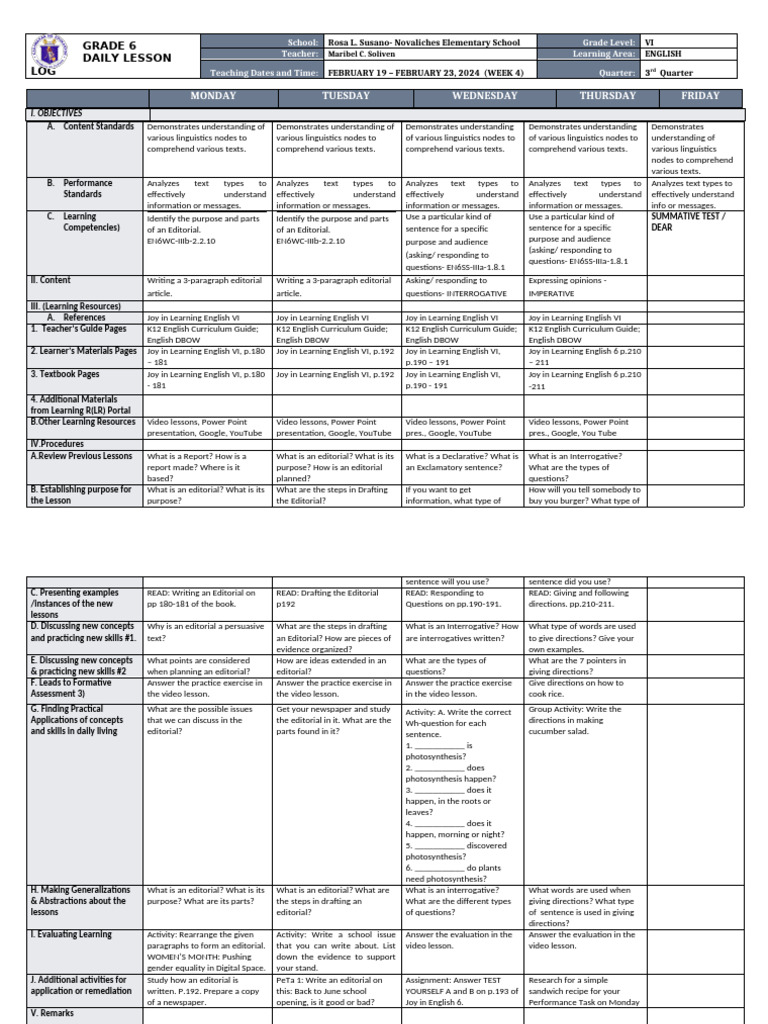 DLL_ENGLISH-6_Q3_W4 | PDF | Question | Cognitive Science