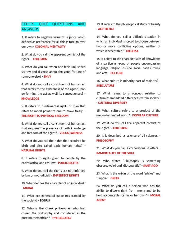Ethics Quiz: Key Concepts and Terms | PDF | Rights | Egalitarianism