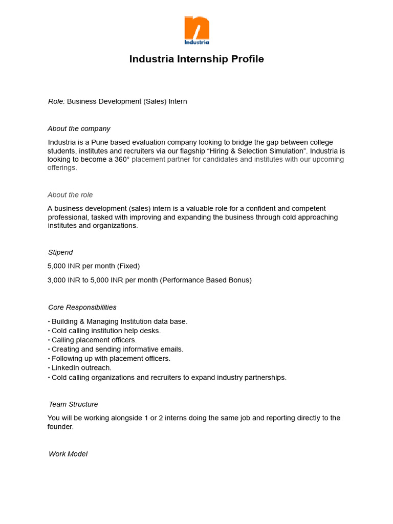 Industria Internship Profile - Business Development (Sales) Intern | PDF