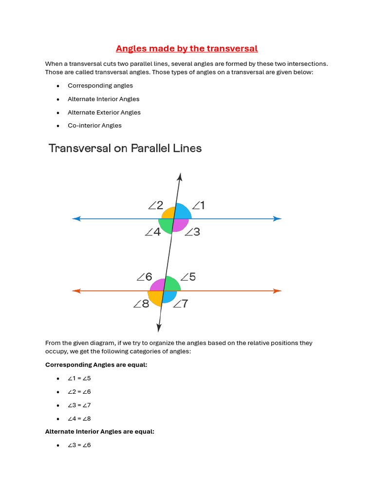 Angles Made by The Transversal | PDF