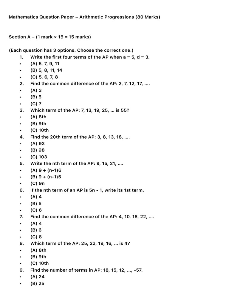 Mathematics Question Paper - Arithmetic Progressions (80 Marks) | PDF | Mathematics | Number Theory