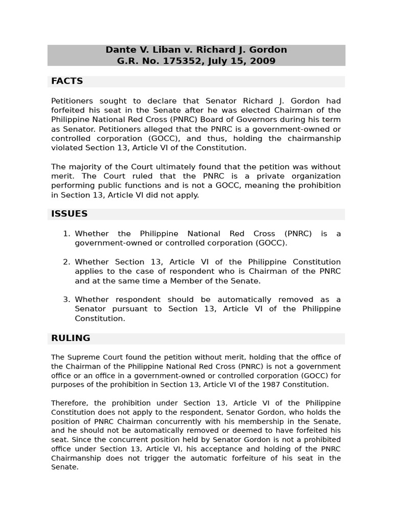 Article 6, Section 13 - Liban vs. Gordon | PDF | Corporations | Justice