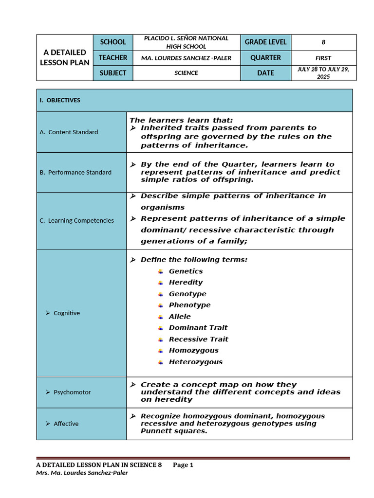 Grade 8 Science Lesson Plan on Heredity | PDF | Genotype | Dominance ...