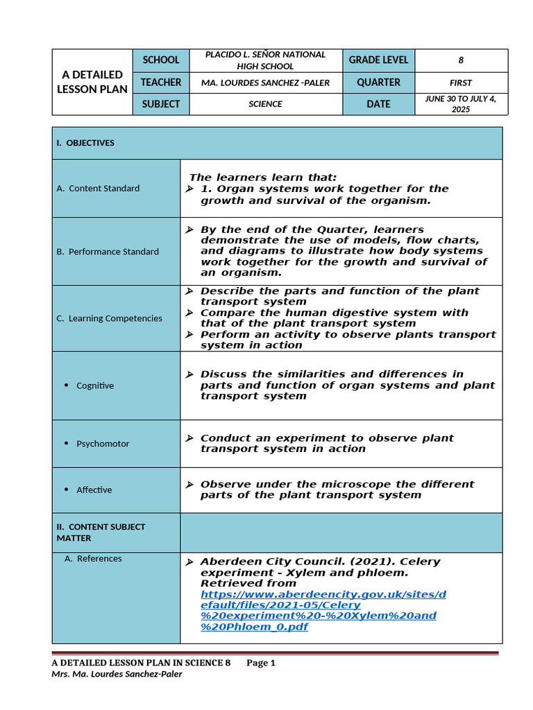 Grade 8 Science Lesson Plan: Plant Systems | PDF | Lesson Plan | Learning