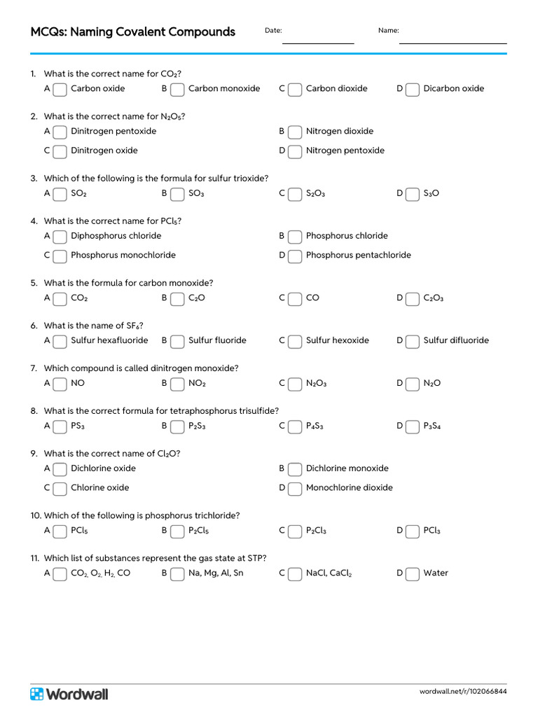 Mcqs Naming Covalent Compounds Quiz | PDF