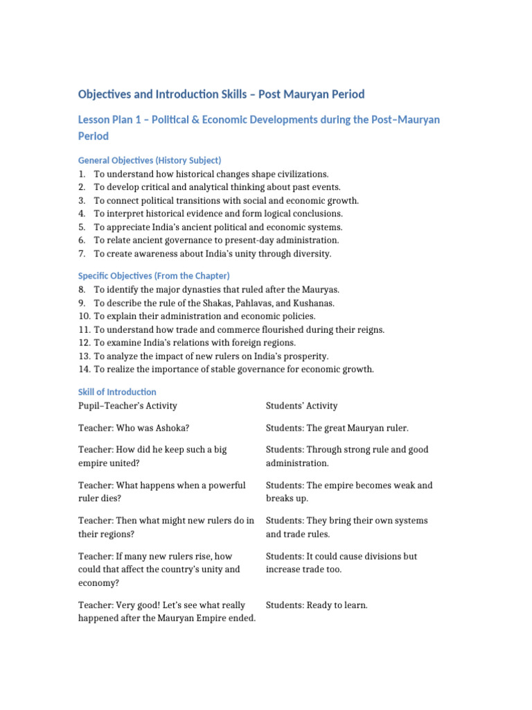 Objectives and Introduction Skills Post Mauryan Period | PDF | Teachers ...