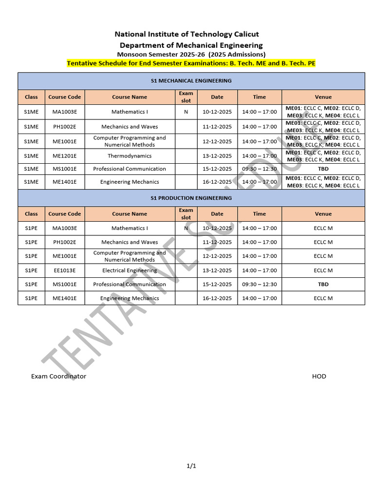 First Year UG End Semester Examination - Monsoon 2025-26 - Tentative ...