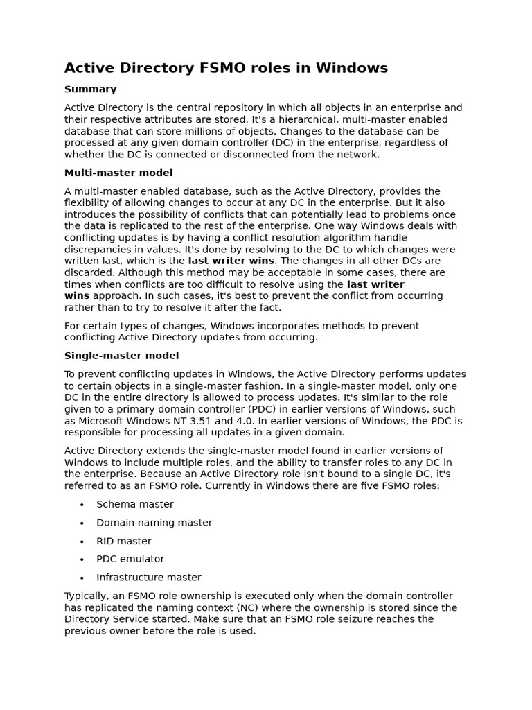 Active Directory FSMO Roles Explained | PDF | Active Directory | Computing