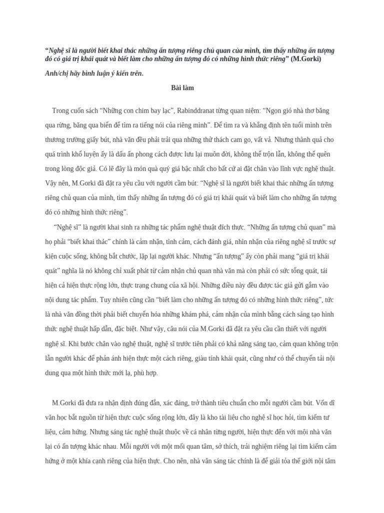 Nghệ Sĩ Là Người Biết Khai Thác Những Ấn Tượng Riêng Chủ Quan Của Mình | PDF