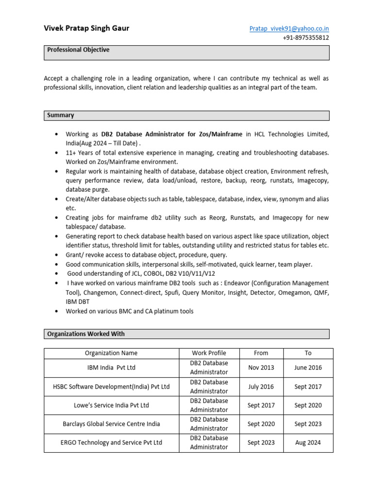 Resume - Vivek Pratap Singh Gaur | PDF | Ibm Db2 | Databases