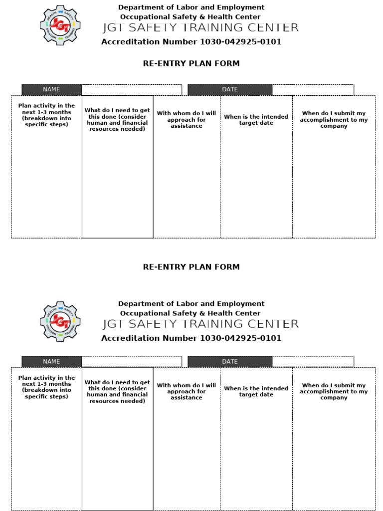 Re-Entry Plan Form Template | PDF