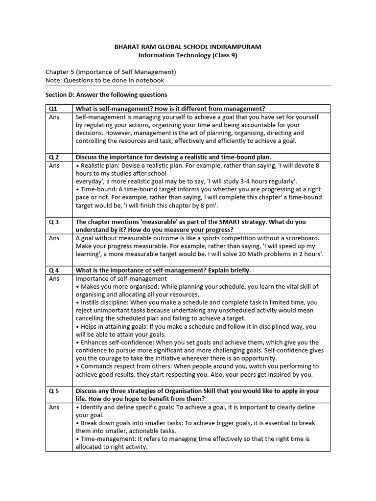Chapter 5 Importance of Self Management - QA | PDF | Pie Chart | Social ...