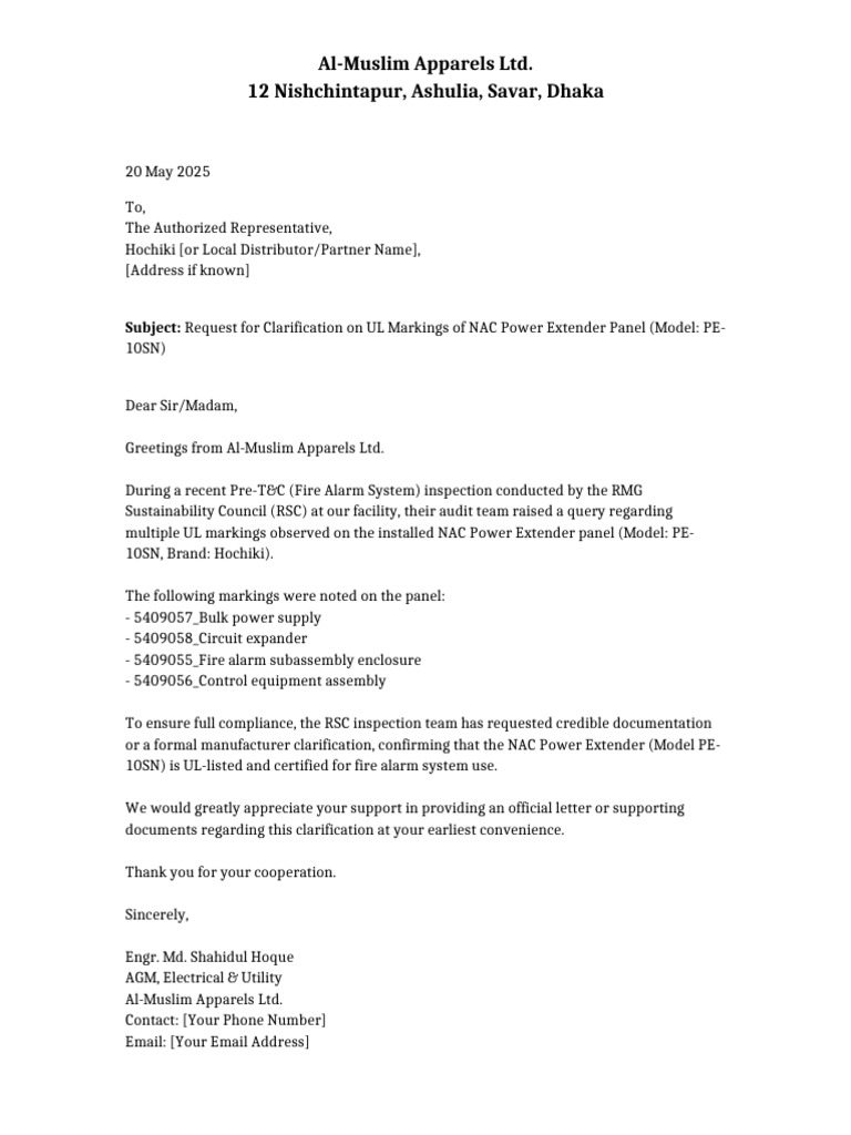 Clarification Request Hochiki PE10SN | PDF
