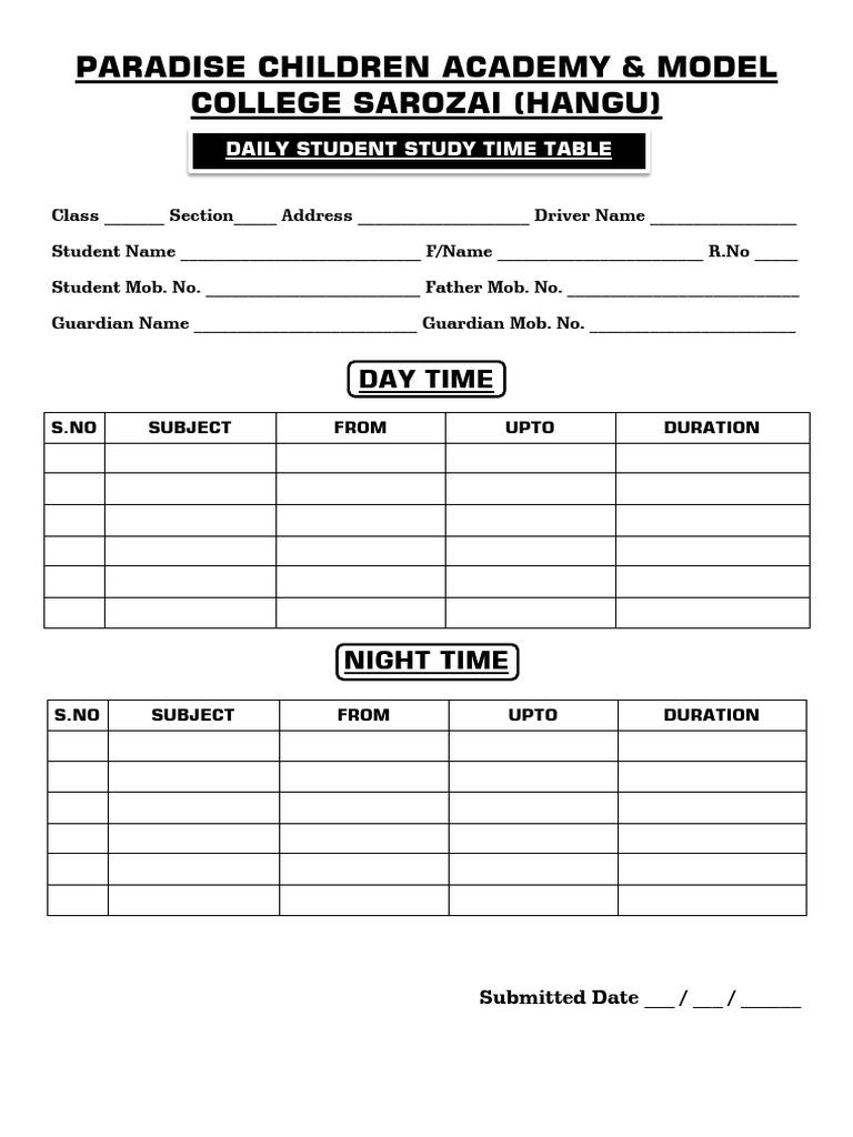 Dailly Student Time Table - A4 | PDF