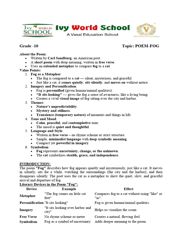 Grade 10 Poem Fog Value Points Assignment | PDF | Poetry | Metaphor