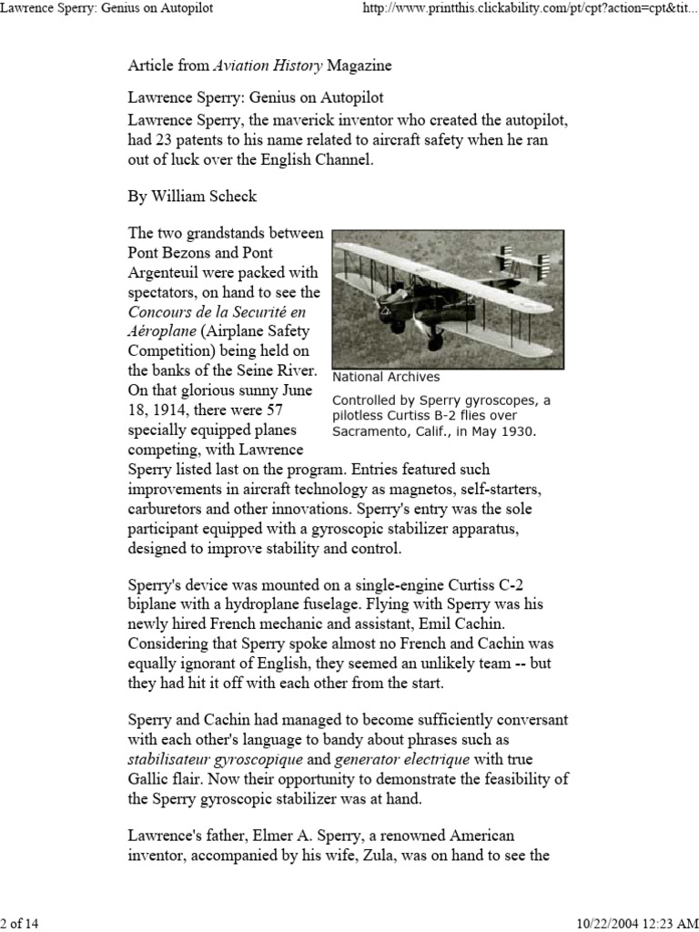 Lawrence Sperry - Genius On Autopilot | PDF | Gyroscope | Flight ...