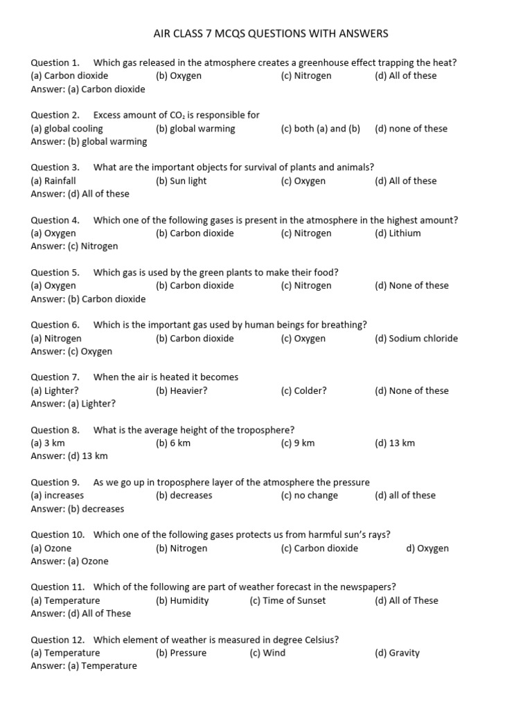 Air Class 7 MCQs with Answers | PDF | Atmosphere Of Earth | Atmosphere