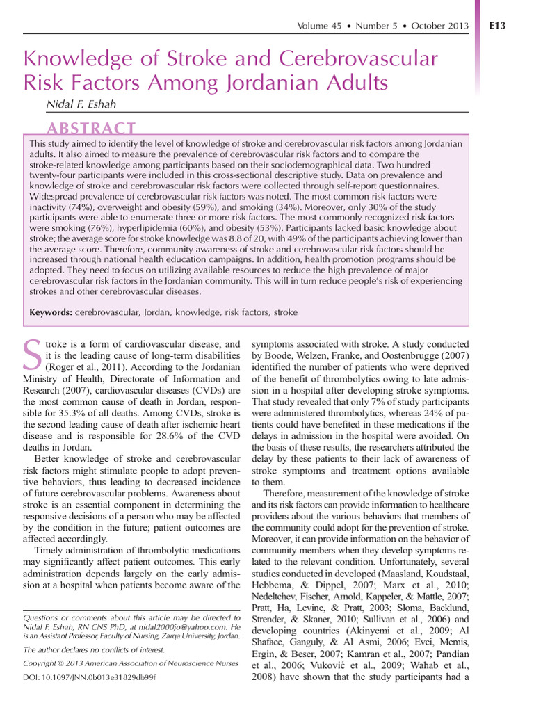 Stroke Knowledge in Jordanian Adults | PDF | Cardiovascular Diseases ...