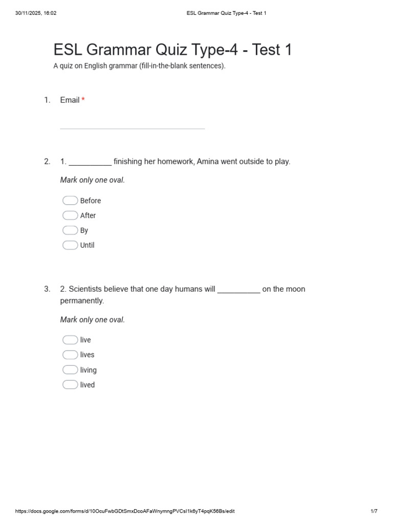 ESL Grammar Quiz Type-4 - Test 1 | PDF | Chess Openings | Chess Theory