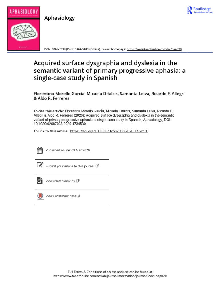 Acquired Surface Dysgraphia and Dyslexia in The | PDF | Dyslexia ...