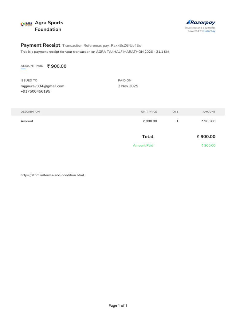 Receipt Pay - RaxkBsZ6NJs4Ex From Agra Sports Foundation (Paid) | PDF