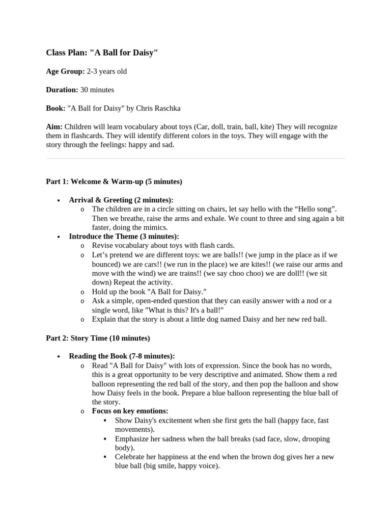 Class Plan for "A Ball for Daisy" Activities | PDF | Toys
