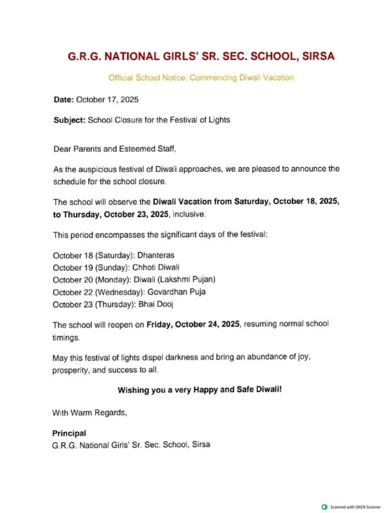 Holidays Notice Diwali | PDF