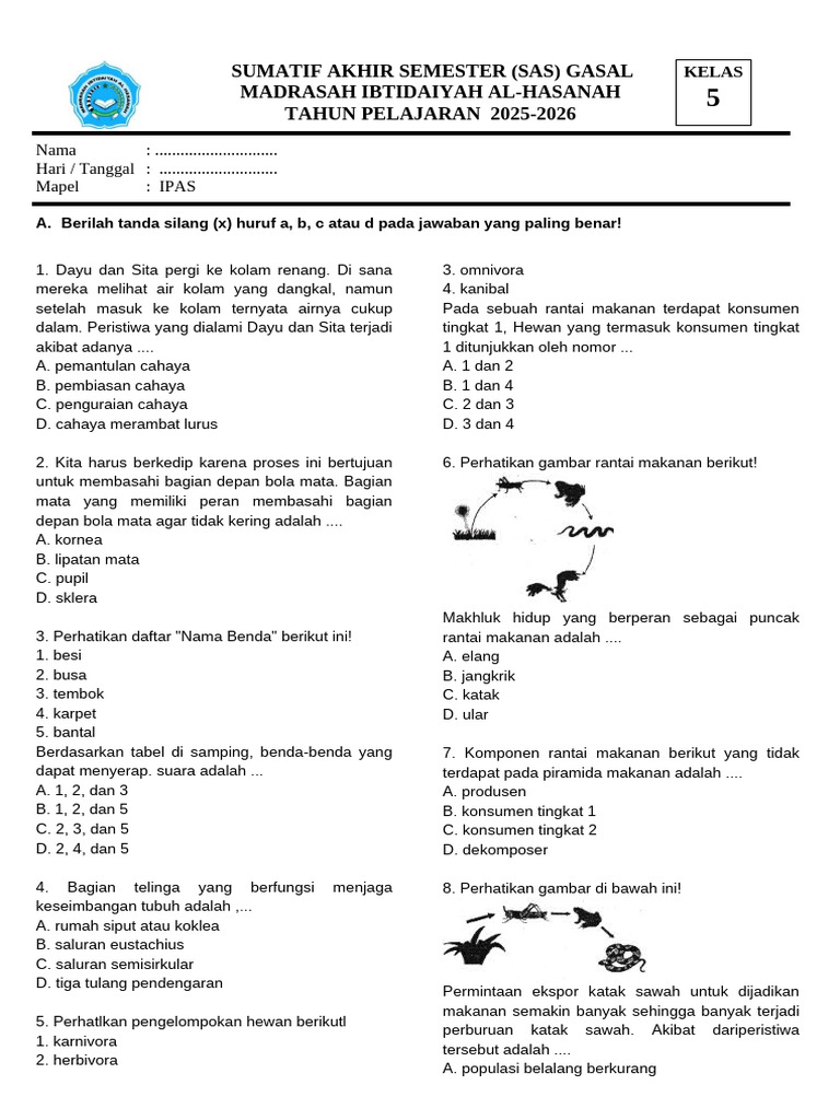 Soal Sas Ipas 5 Sem 1 Kls 5 2025 | PDF