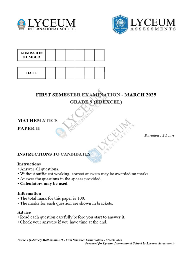 Grade 9 Edexcel Math Exam March 2025 | PDF | Mathematics
